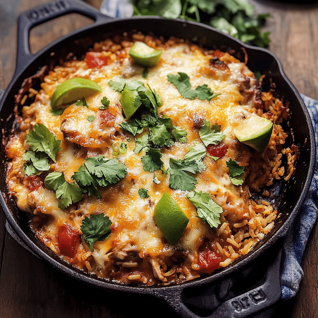 One Skillet Cheesy Cuban-Inspired Chicken Rice Bake